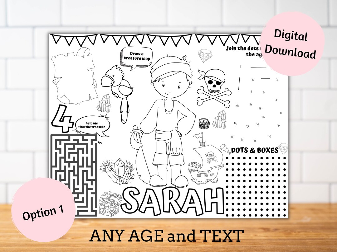 Personalised Pirates Birthday Party Activity Sheet, Birthday Placemats ...