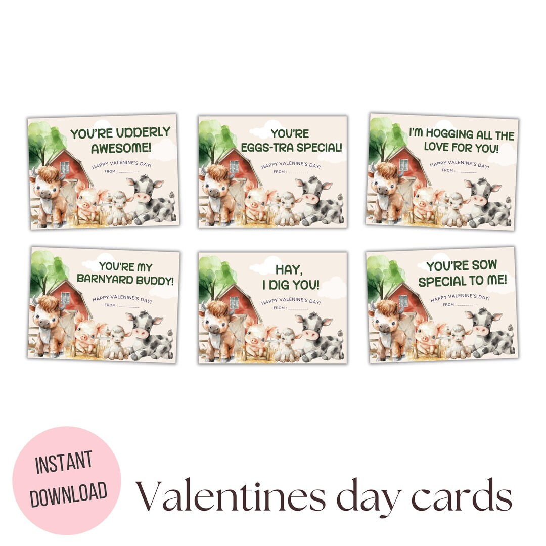 Printable Farm Animals Valentines Day Cards, School Kids Valentines Day ...