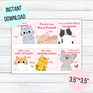 Printable Cat Valentines Day Cards, Classroom Kids Valentines Day Cards ...