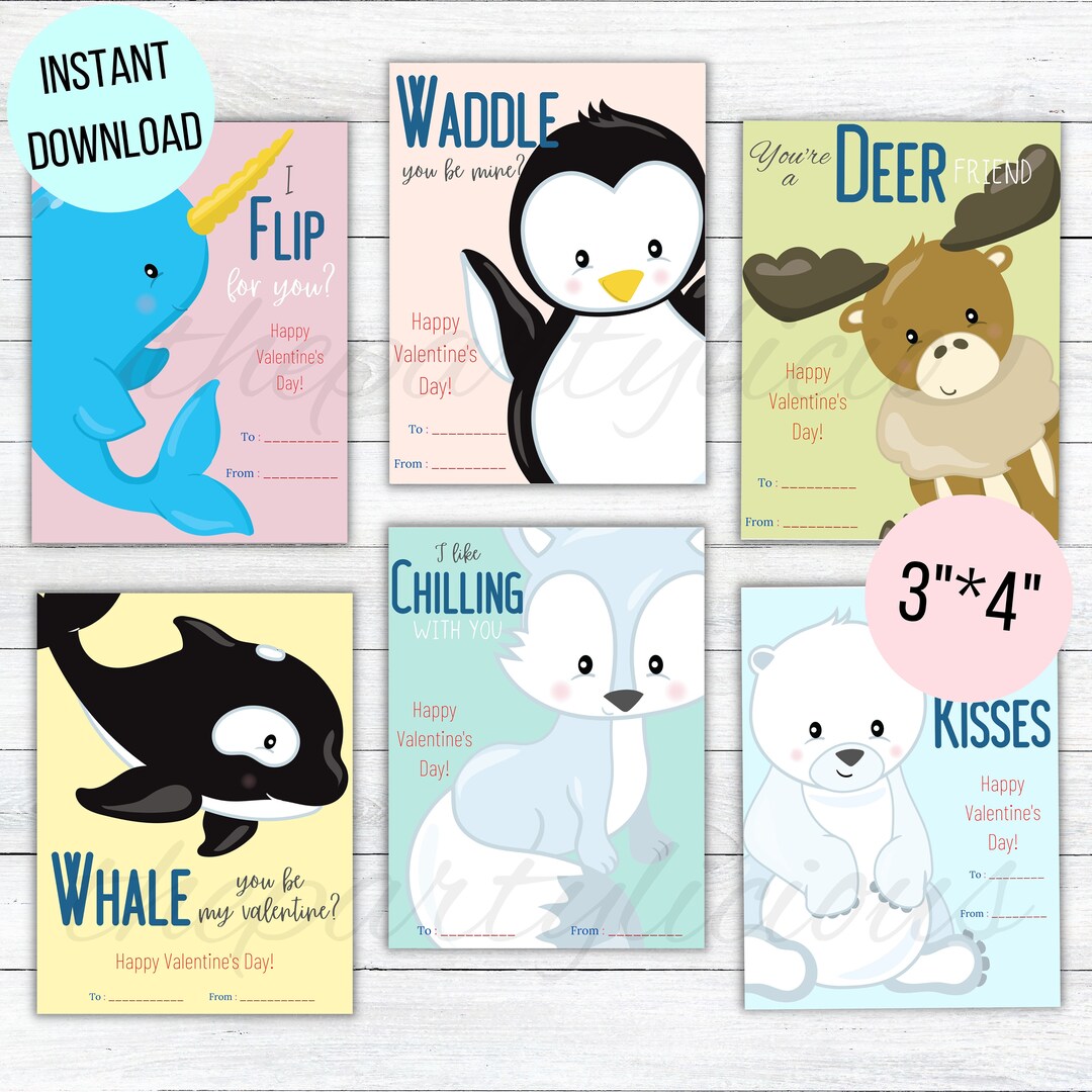 Printable Arctic Valentines Day Cards, Classroom Kids Valentines Day ...