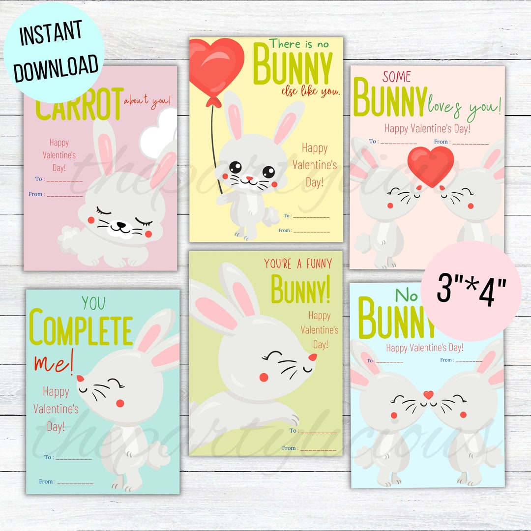 Printable Bunny Valentines Day Cards, Classroom Kids Valentines Day ...
