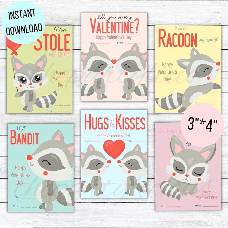 Printable Racoon Valentines Day Cards, Classroom Kids Valentines Day ...