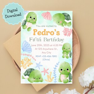 Printable Cute Sea Turtle Birthday Party Invitation, Watercolor Turtle ...