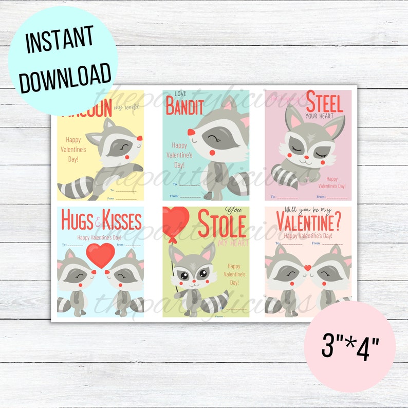 Printable Racoon Valentines Day Cards, Classroom Kids Valentines Day ...