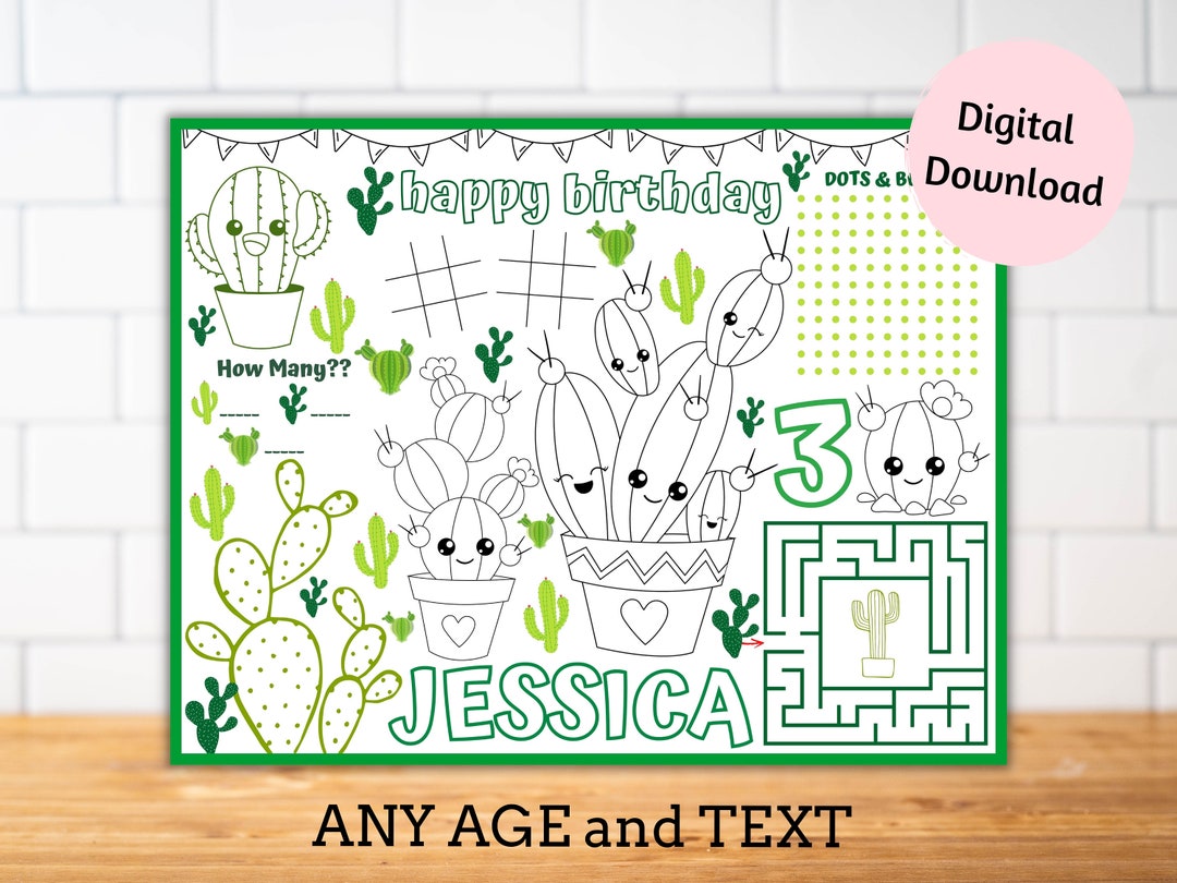 Personalised Cactus Birthday Placemats, Cactus Coloring Sheet, Cactus ...