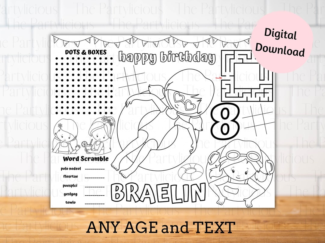 Summer Party Placemats, Pool Party Activity Sheet, Pool Party Coloring ...