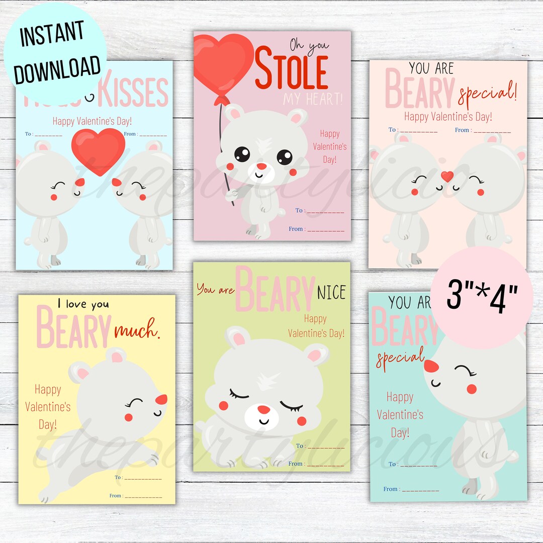 Printable Bear Valentines Day Cards, Classroom Kids Valentines Day ...