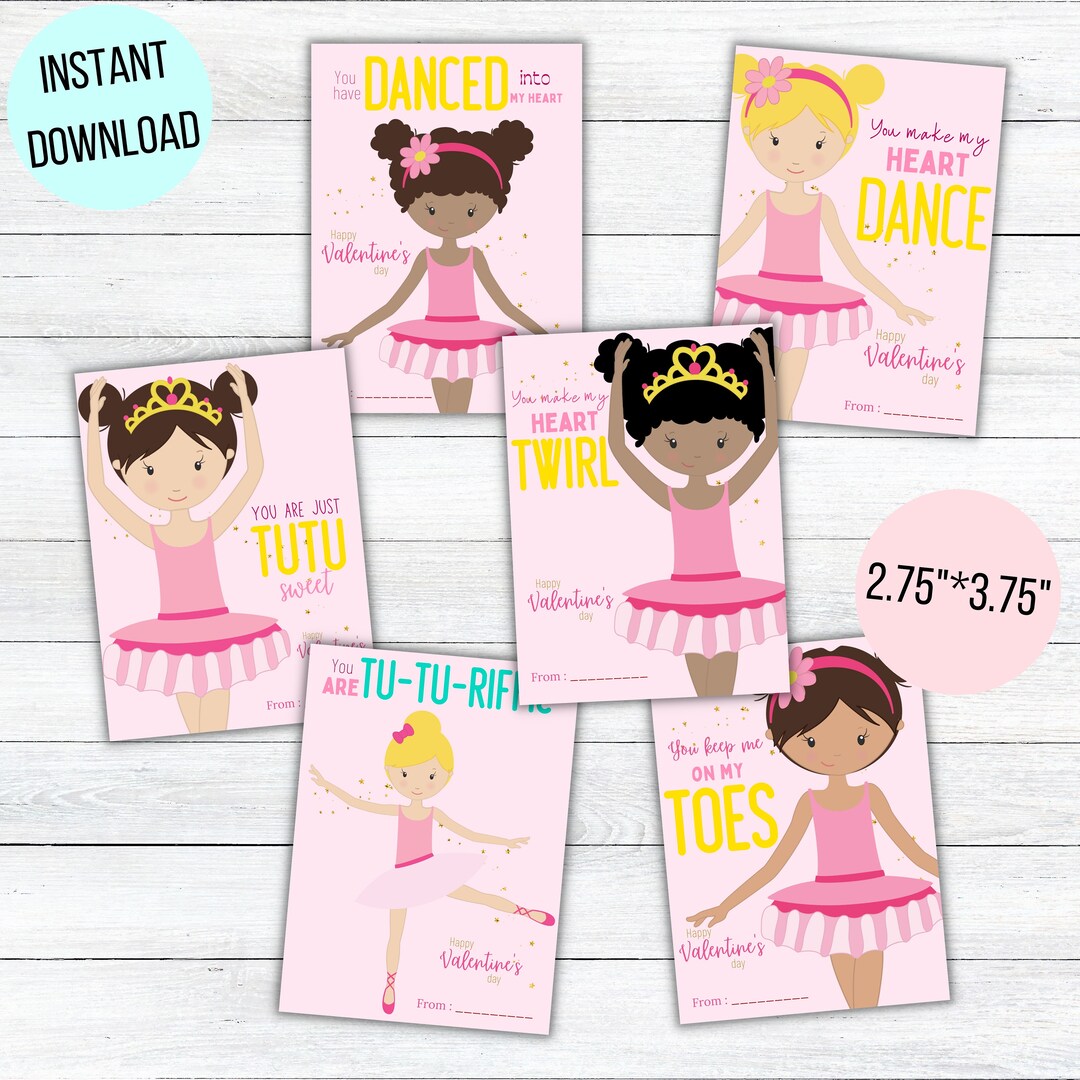 Printable Ballet Kids Valentines Day Cards, Classroom Kids Valentines ...