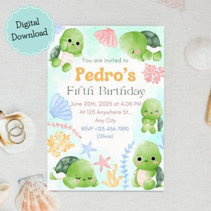 Printable Cute Sea Turtle Birthday Party Invitation, Watercolor Turtle ...