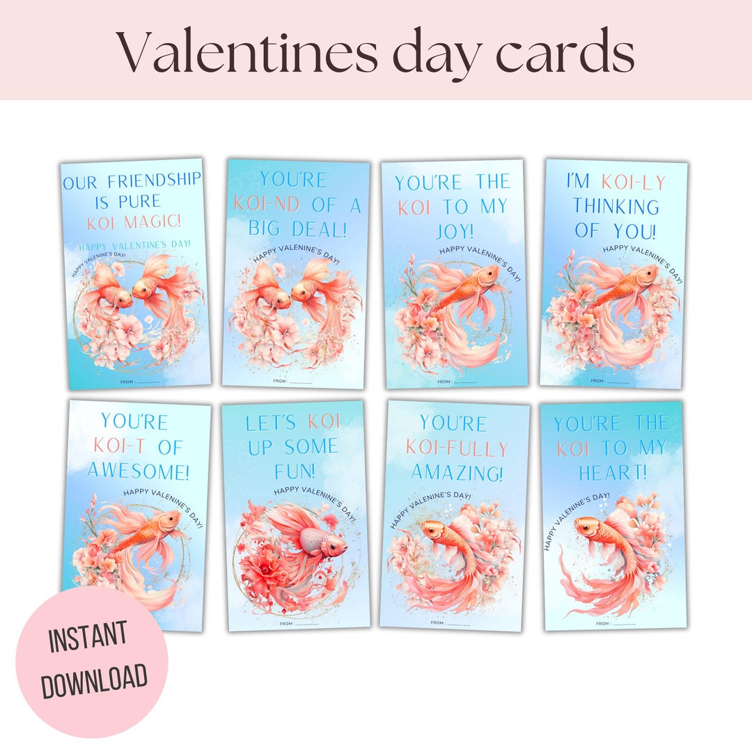 Printable Koi Fish Valentines Day Cards, School Kids Valentines Day ...