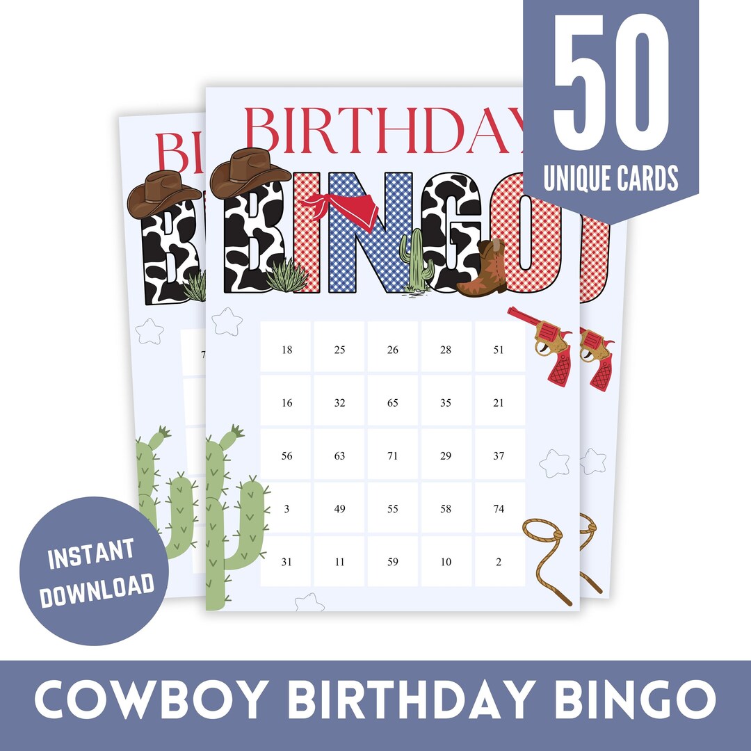 Cowboy Birthday Bingo Games Set, Printable Cowboy Theme Birthday Party ...