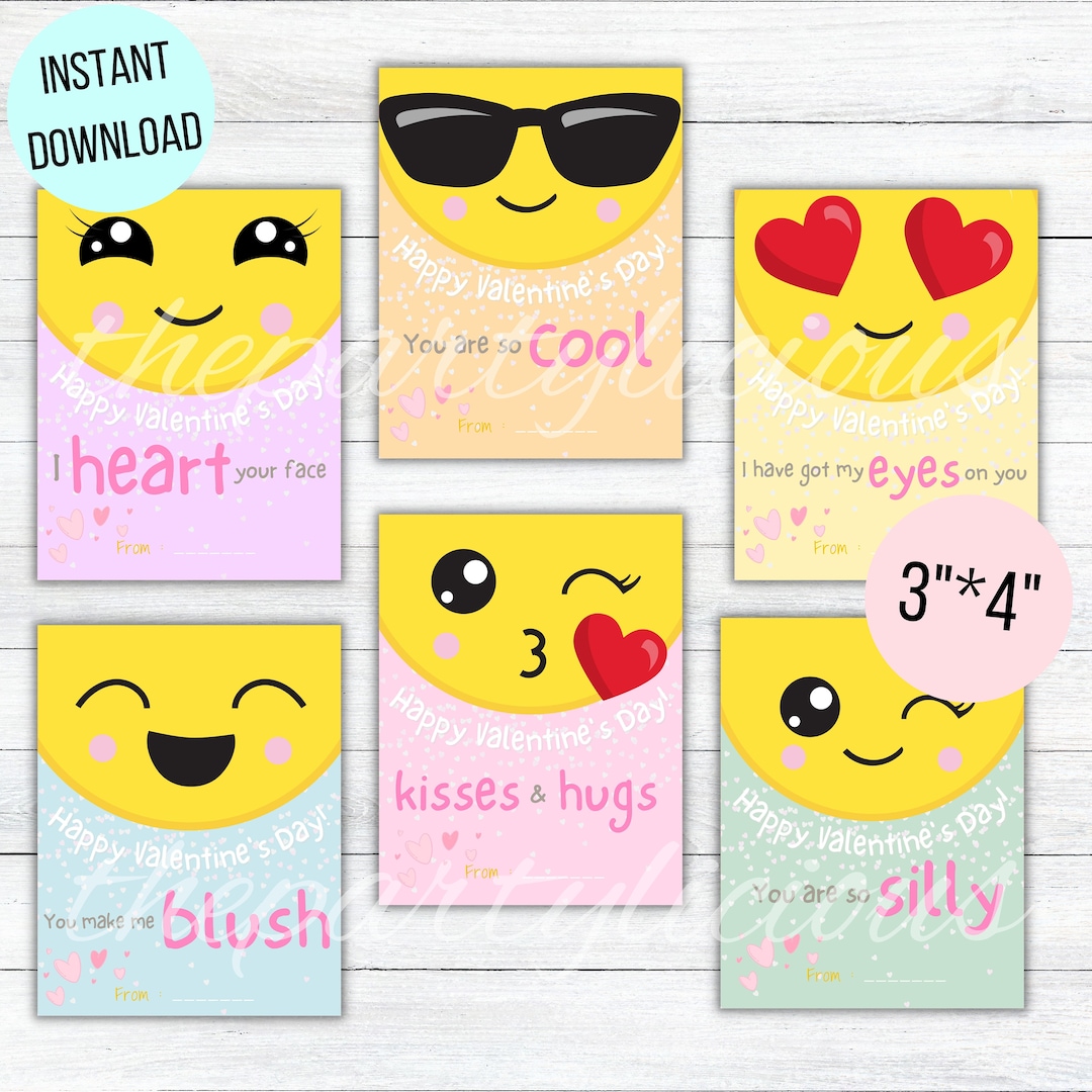 Printable Emoji Valentines Day Cards, Smiley Classroom Kids Valentines ...