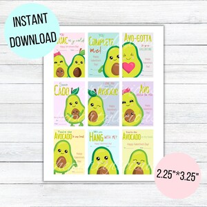 Printable Cute Avocado Valentines Day Cards, Avocado Kawaii Kids ...