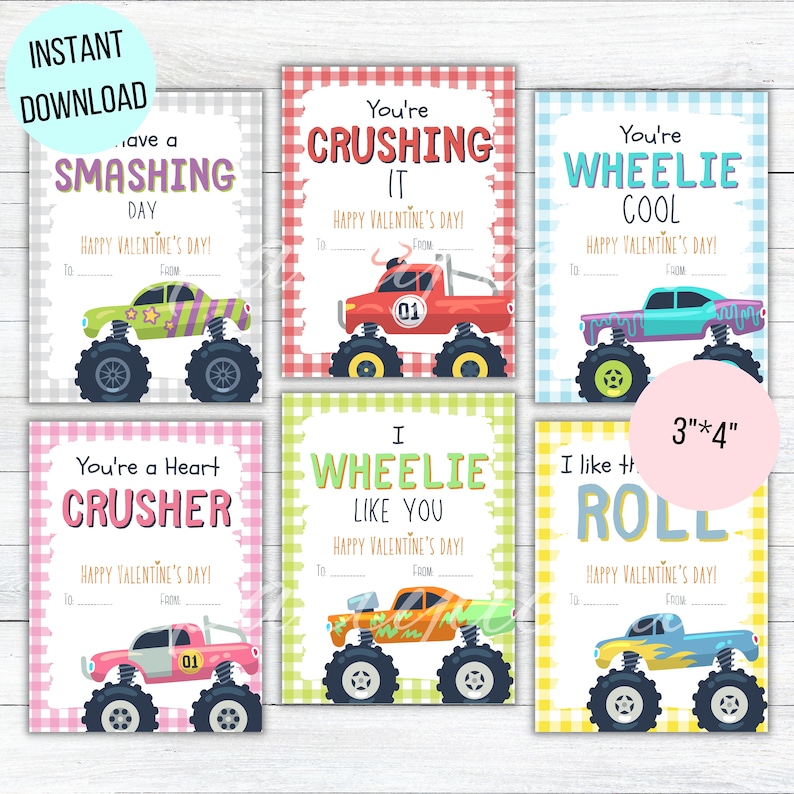 Printable Monster Truck Valentines Day Cards School Kids - Etsy