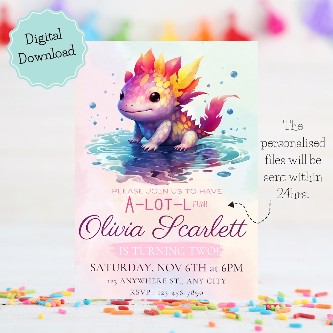 Printable Cute Axolotl Birthday Party Invitation, Purple Pink Axolotl ...