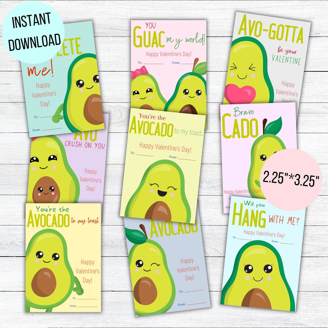 Printable Cute Avocado Valentines Day Cards, Avocado Kawaii Kids ...