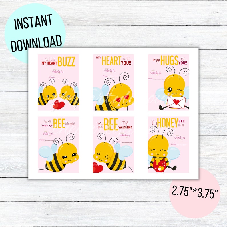 Printable Bee Valentines Day Cards Classroom Kids Valentines - Etsy
