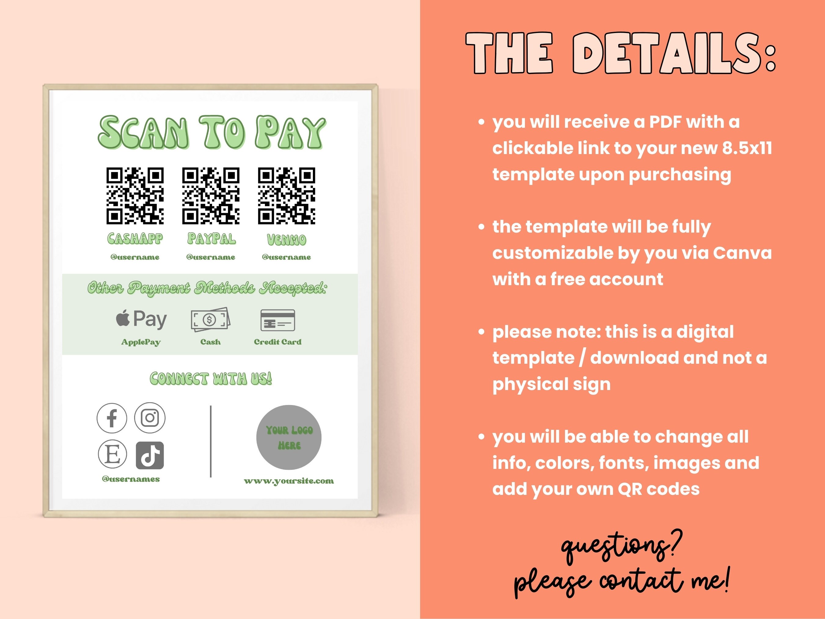 Retro Green Scan to Pay, QR Code Scan to Pay, Printable Scan to Pay ...