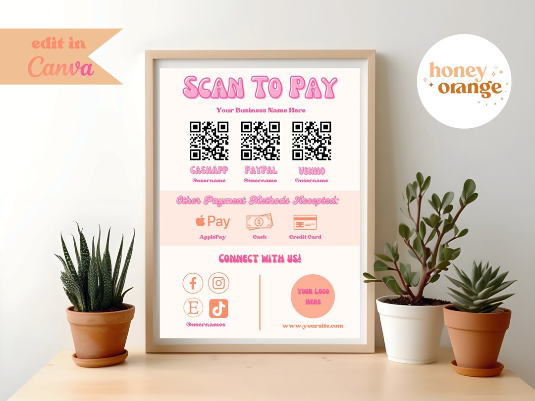 Retro Pink Scan to Pay, QR Code Scan to Pay, Printable Scan to Pay ...