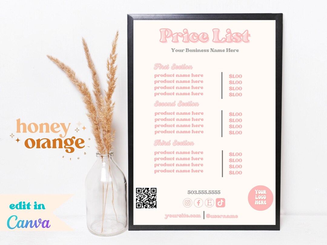 Pink Price List Template, Editable Price List Template, QR Code ...