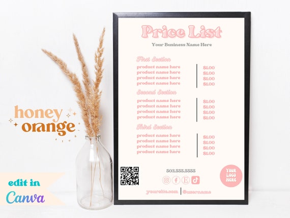Pink Price List Template Editable Price List Template QR - Etsy