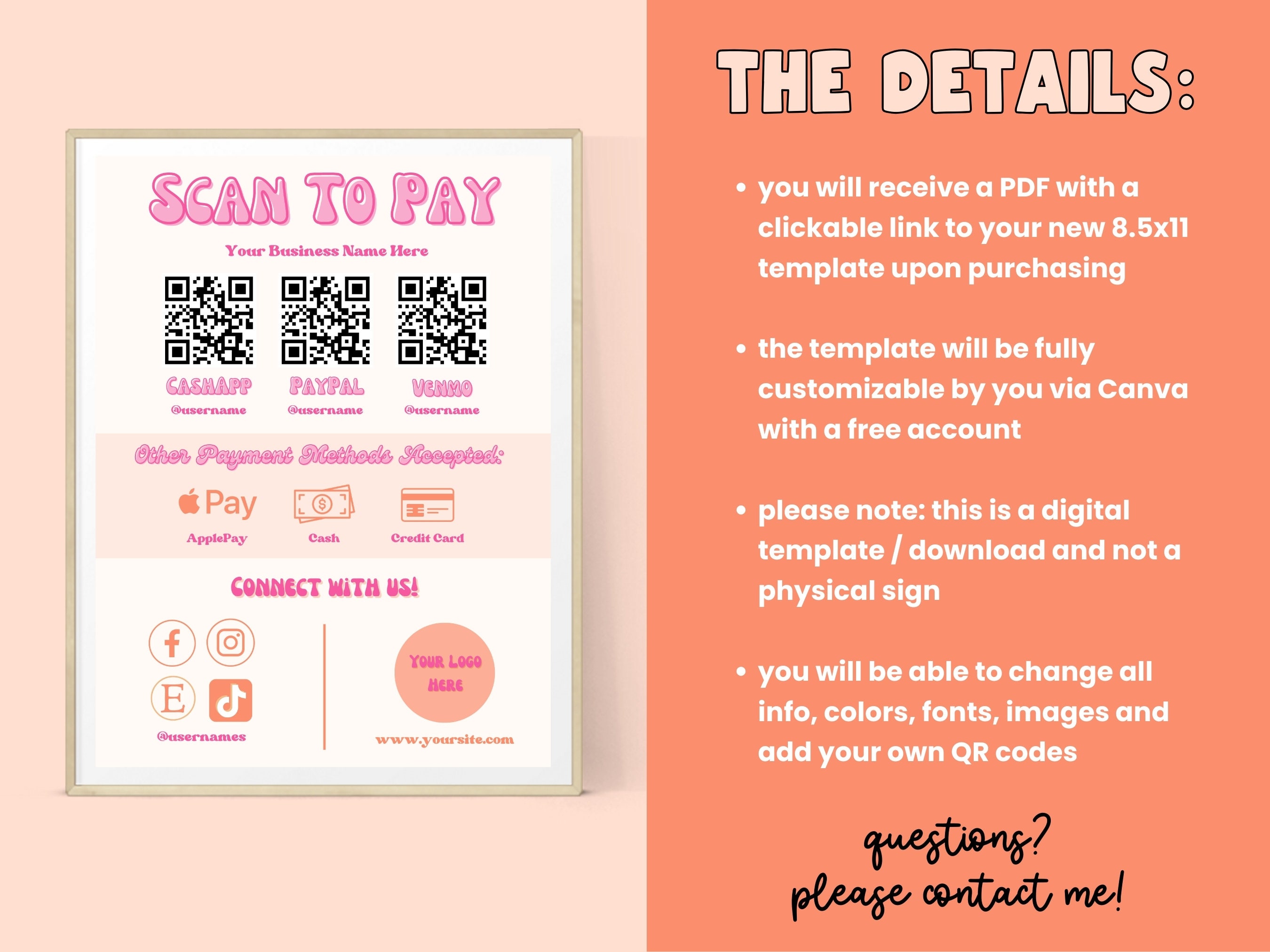 Retro Pink Scan to Pay, QR Code Scan to Pay, Printable Scan to Pay ...