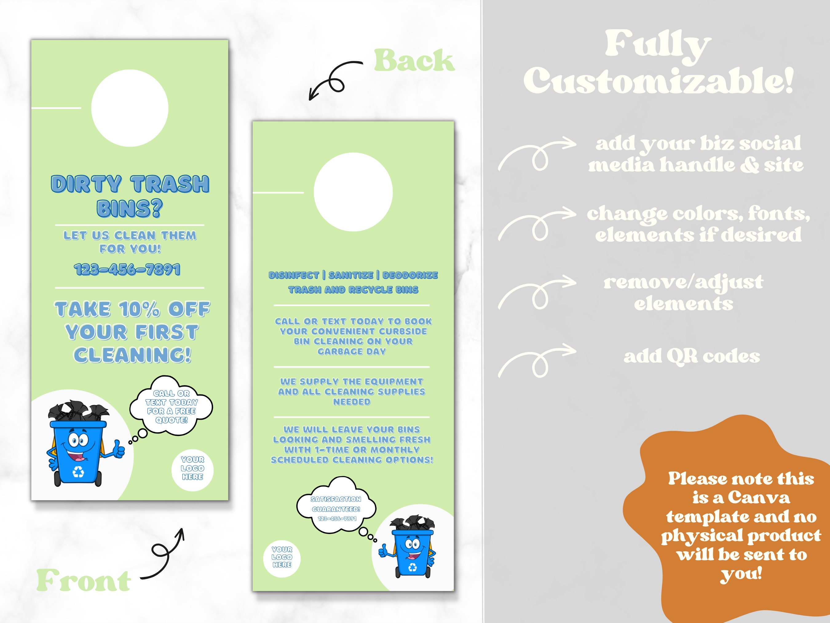 Trash Bin Cleaning Service Door Hanger Tag Canva Template | Service ...
