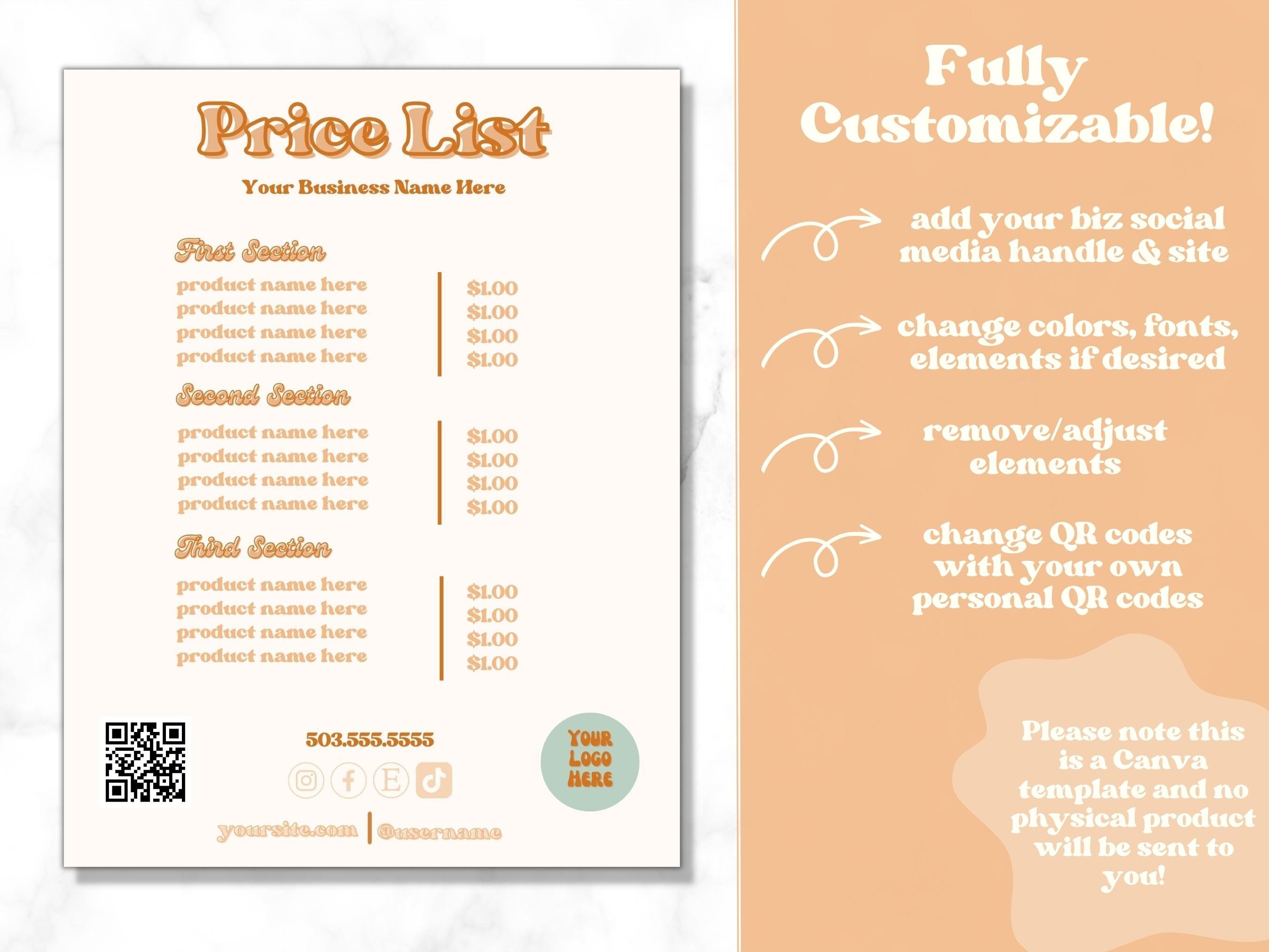 Price List Template, Editable Price List Template, QR Code Template ...