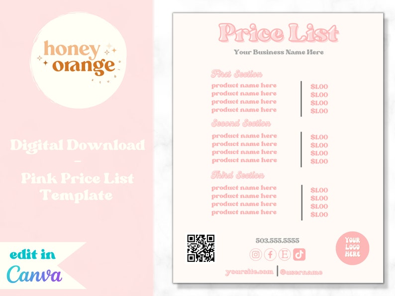 Pink Price List Template, Editable Price List Template, QR Code ...