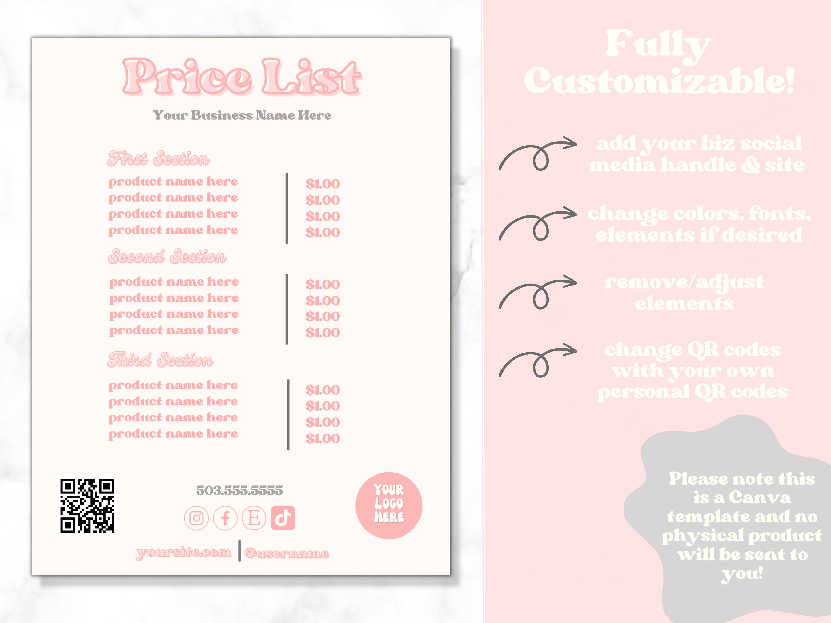 Pink Price List Template, Editable Price List Template, QR Code ...
