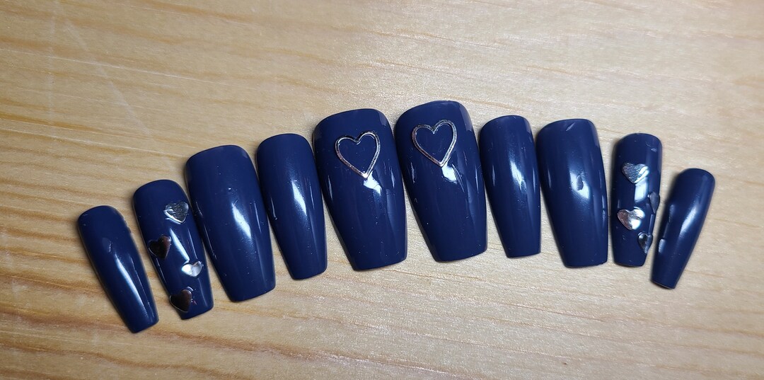 Navy Nails With Silver Inlay Charms - Etsy