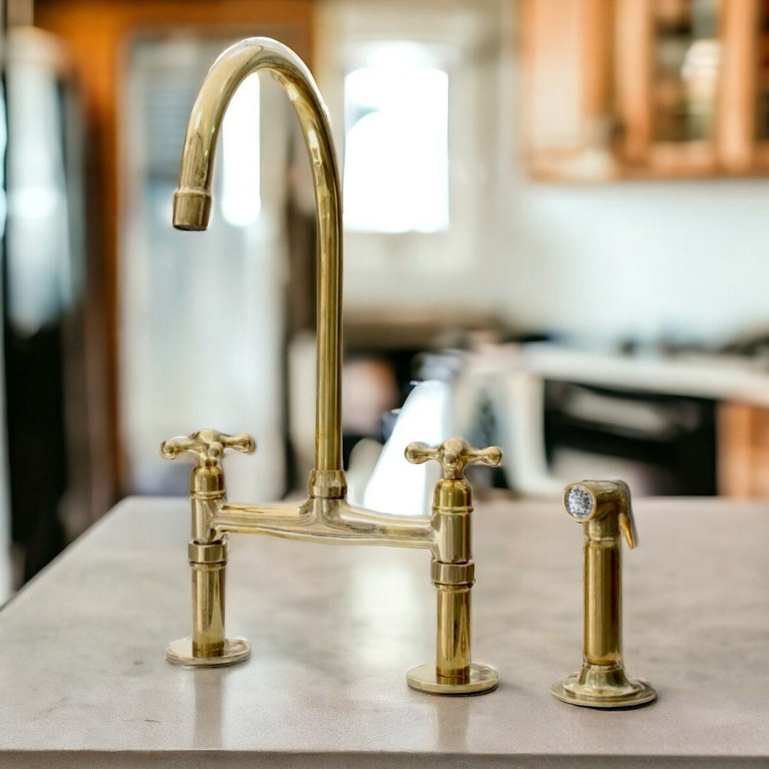 Unlacquered Solid Brass Kitchen Faucet With High Arc Spout and Sprayer ...