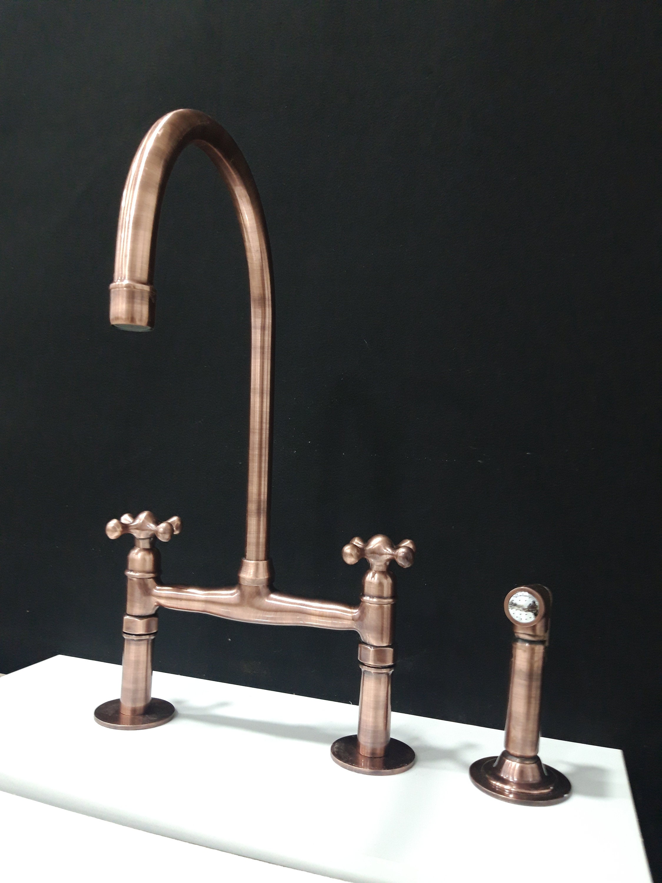 Unlacquered Copper Patina Kitchen Bridge Faucet With Arc Spout and Side ...