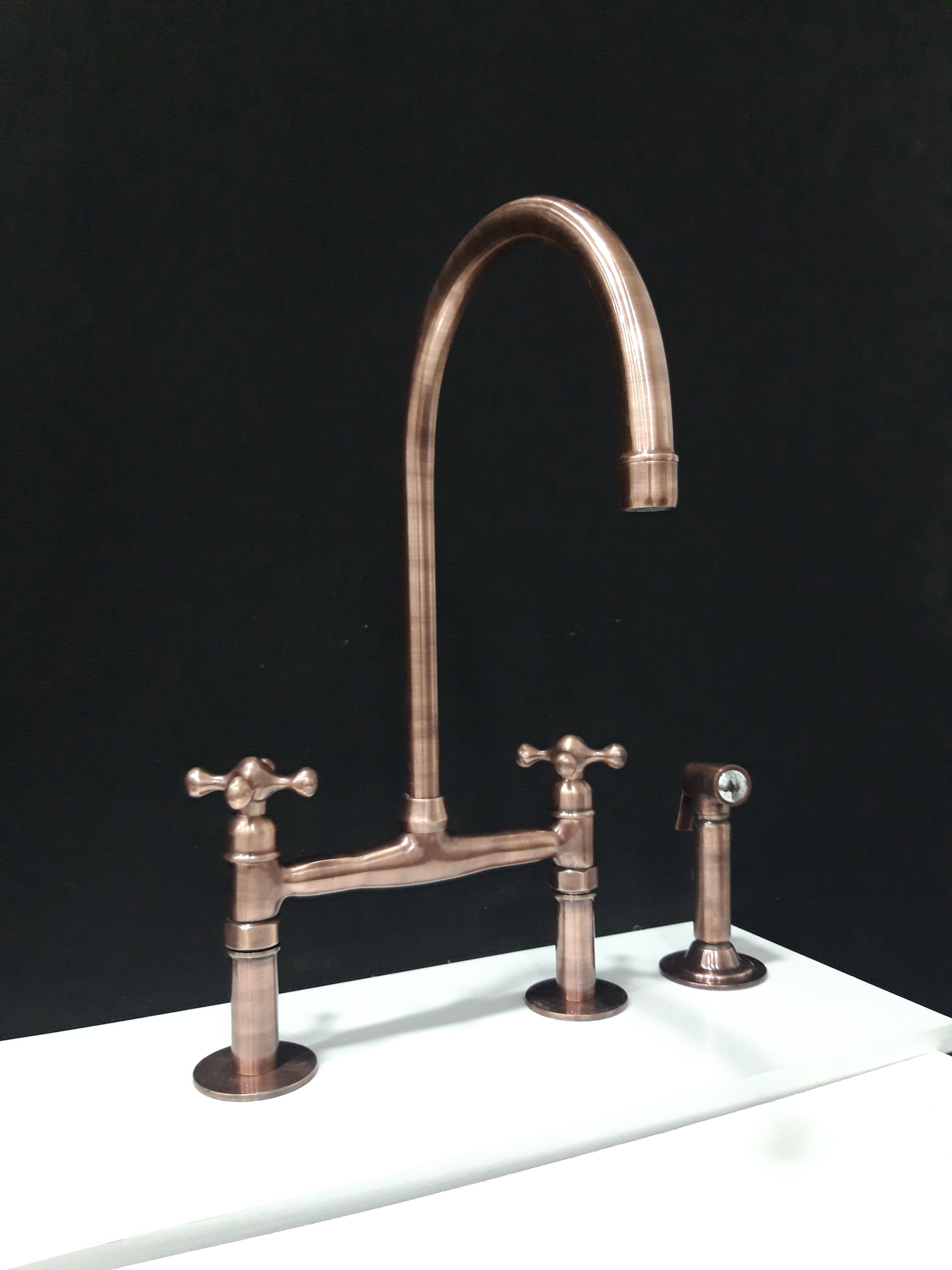 Unlacquered Copper Patina Kitchen Bridge Faucet With Arc Spout and Side ...