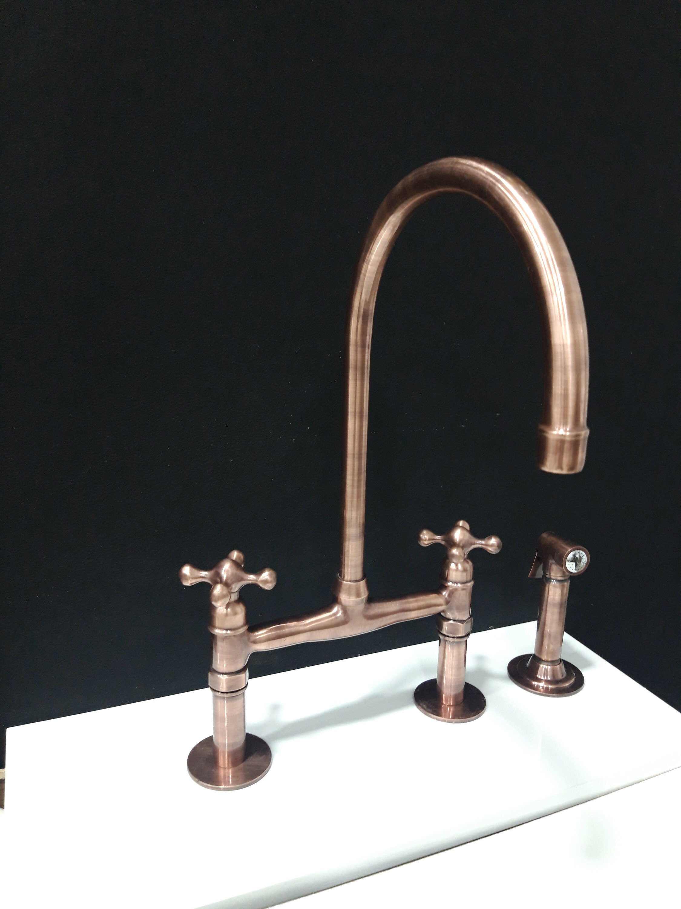 Unlacquered Copper Patina Kitchen Bridge Faucet With Arc Spout and Side ...