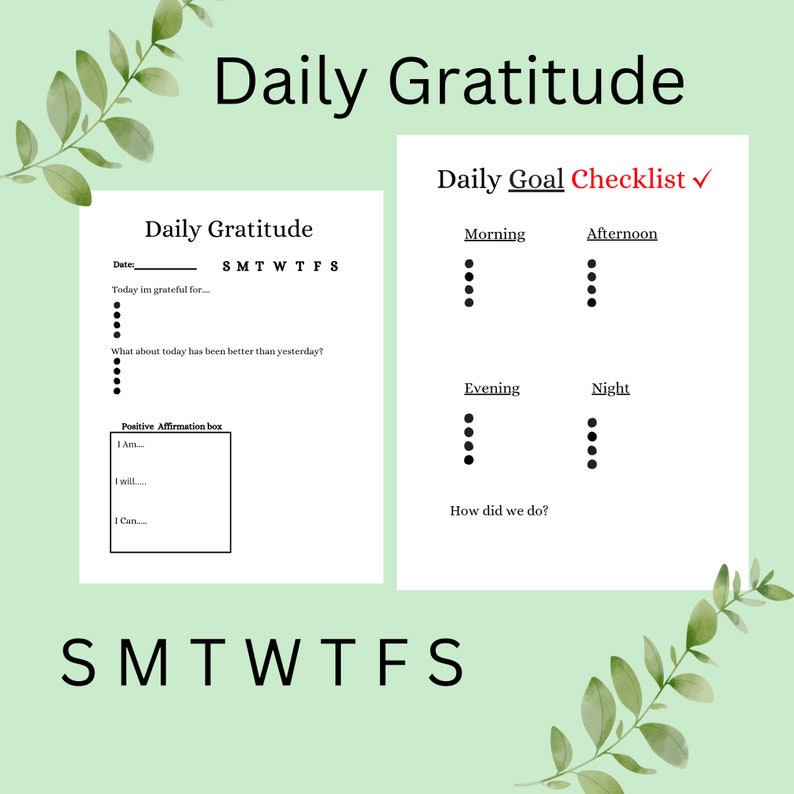 Mental Health Worksheets Daily Gratitude and Goal Checklist - Etsy