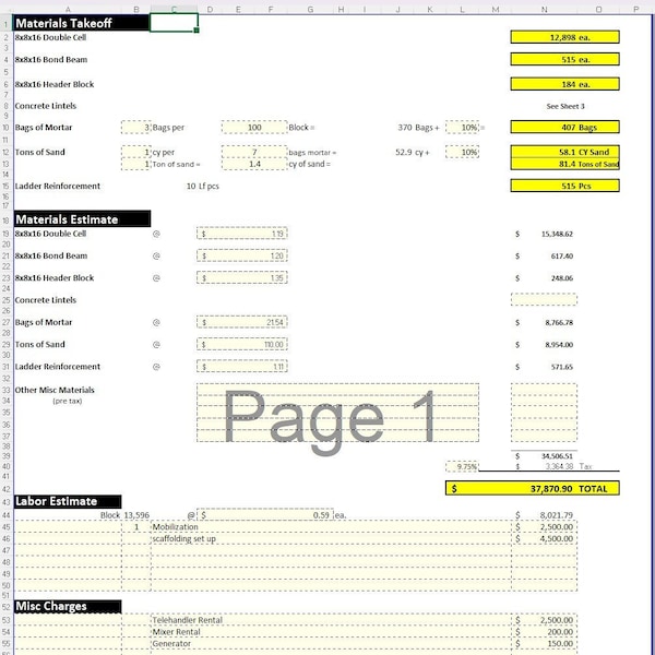Material Takeoff Excel Template - Etsy