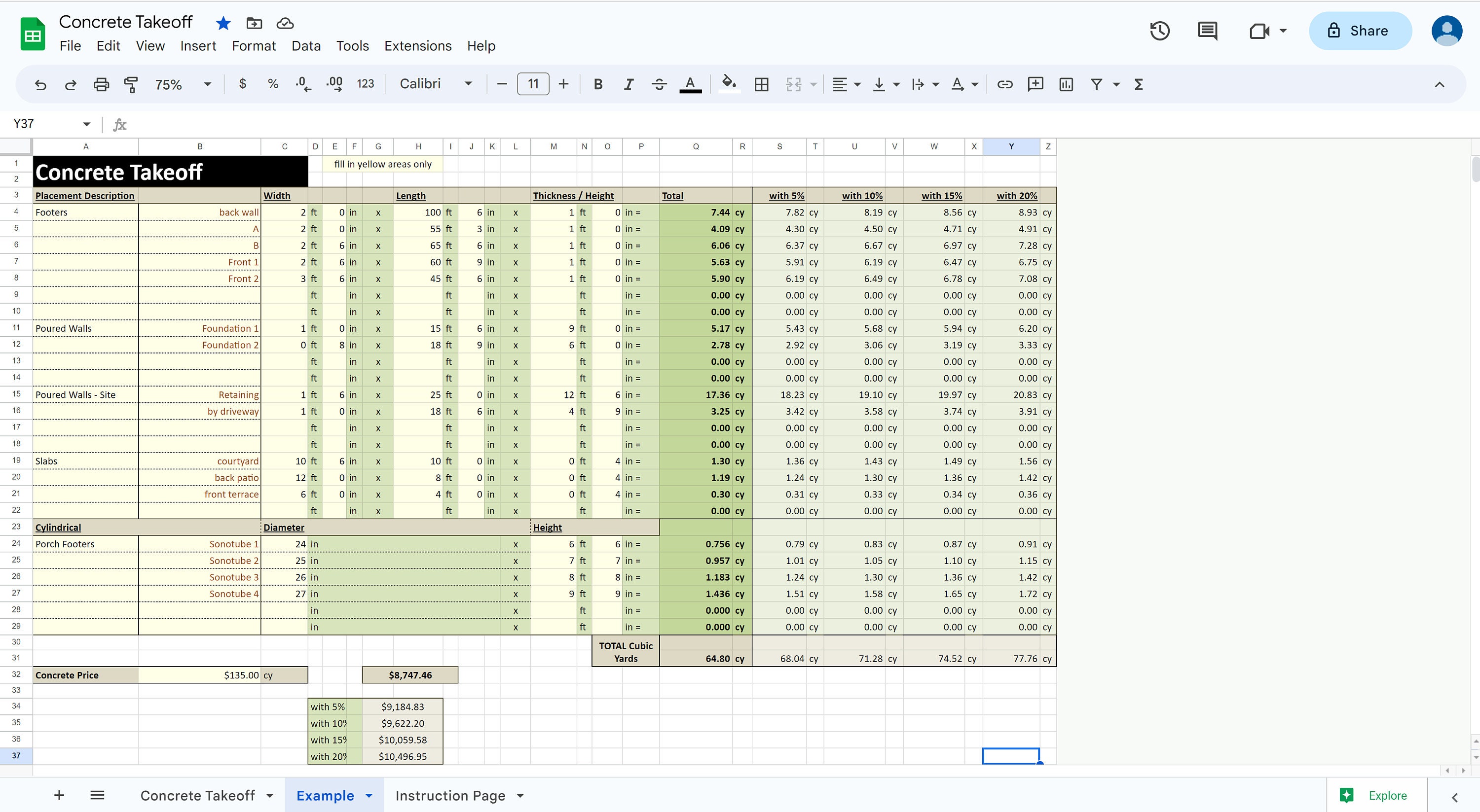 Google Sheet Concrete Takeoff - Etsy