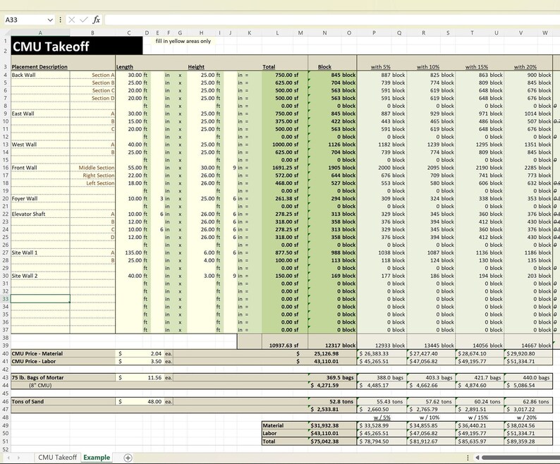 Block Takeoff CMU Estimate Spreadsheet (Download Now) - Etsy