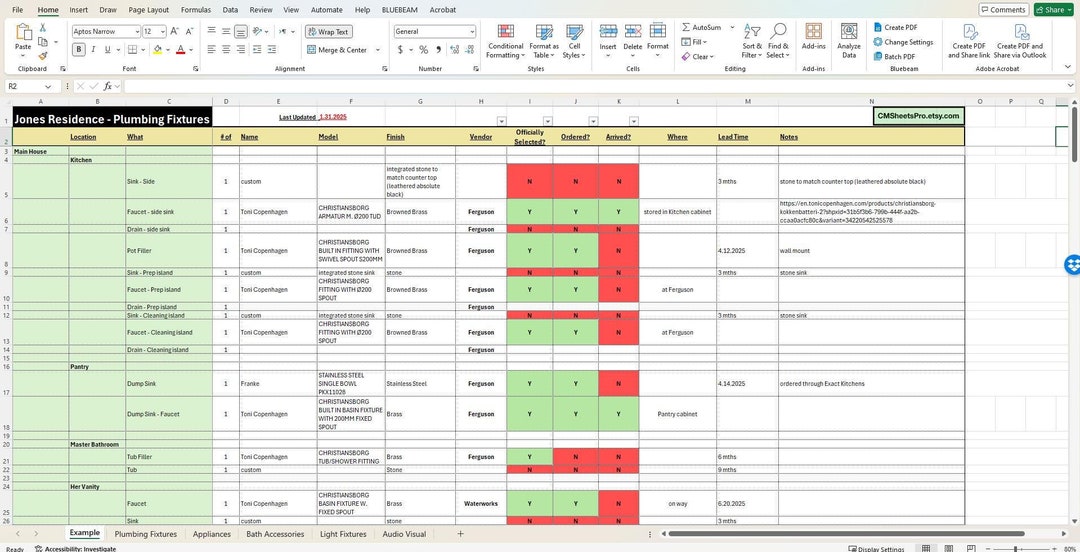 Combined Fixtures & Materials - Tracking Sheet - Etsy