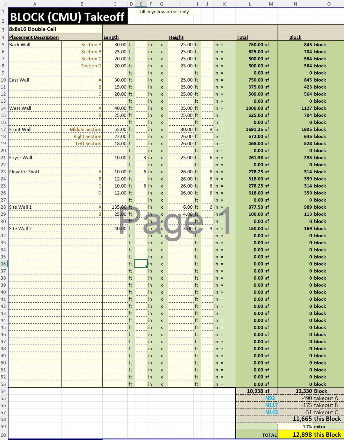 Block Takeoff | CMU Estimate Spreadsheet - Etsy