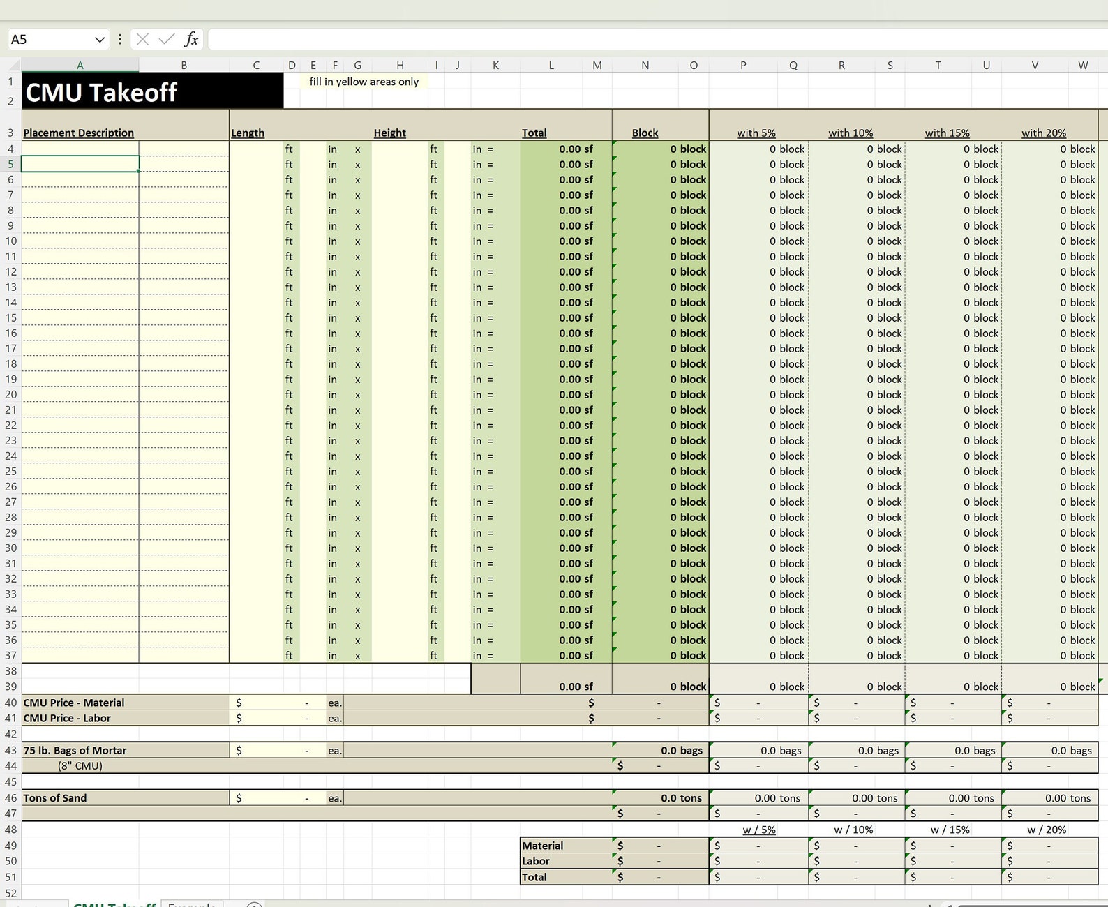 Block Takeoff CMU Estimate Spreadsheet - Etsy