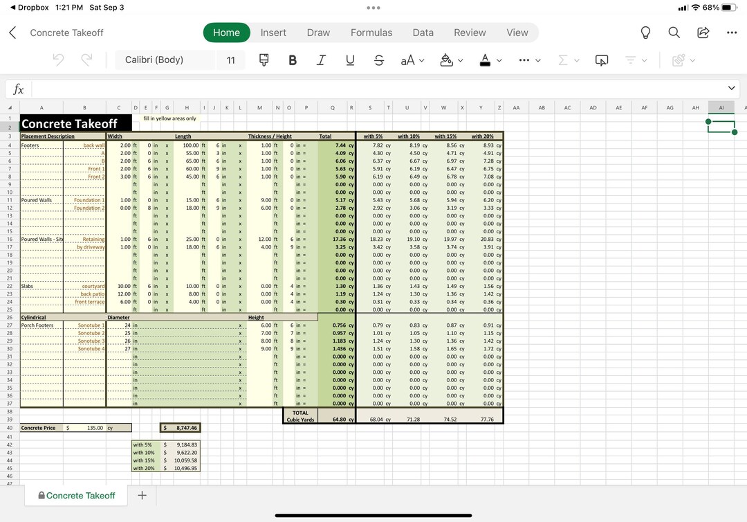 Concrete Takeoff Concrete Estimating Spreadsheet excel - Etsy
