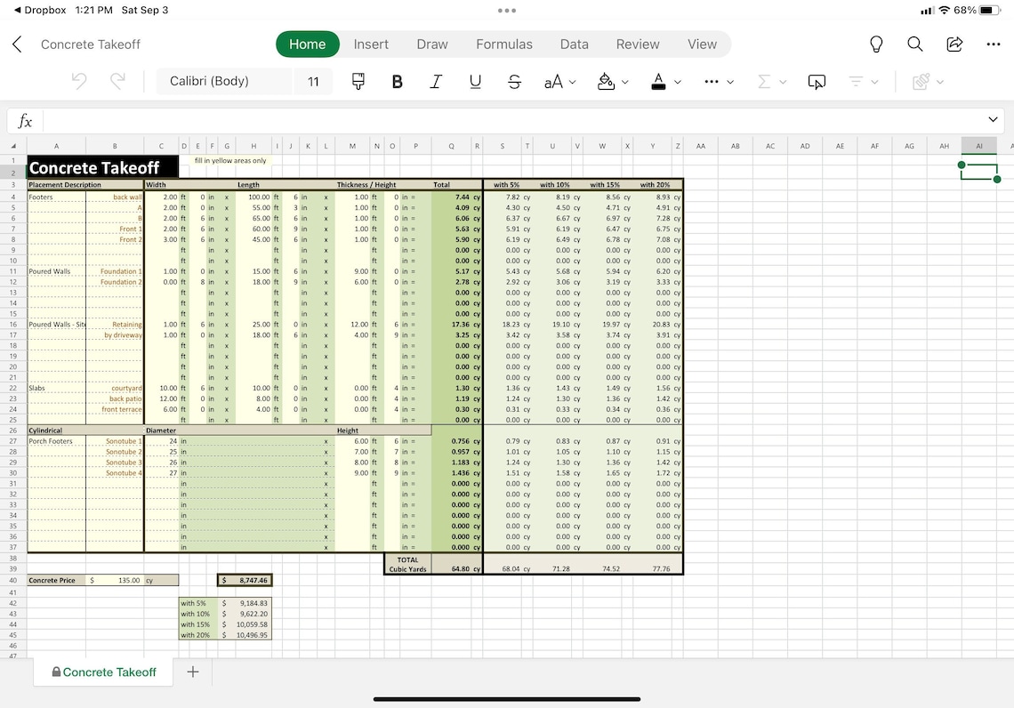 Concrete Takeoff | Concrete Estimating Spreadsheet (excel) - Etsy