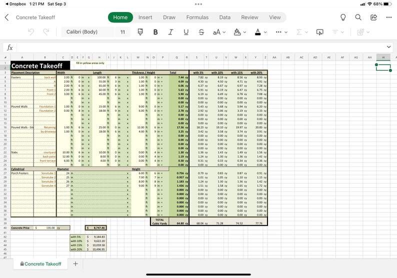 Concrete Takeoff | Concrete Estimating Spreadsheet (excel) - Etsy