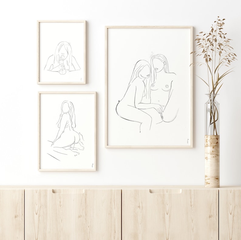 Sensual Lesbian Couple Couple Line Art Intimate Couple Art Couple