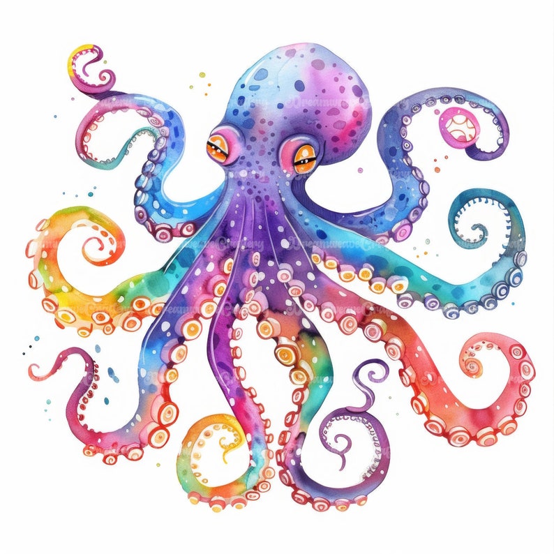 10 Pretty Cartoon Rainbow Octopus Clipart Printable Watercolor High ...