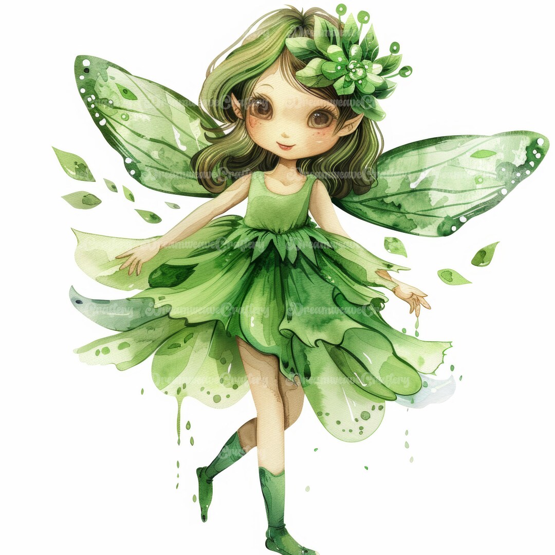 10 Cartoon Green Fairy Clipart, Fantasy Being, Printable Watercolor ...