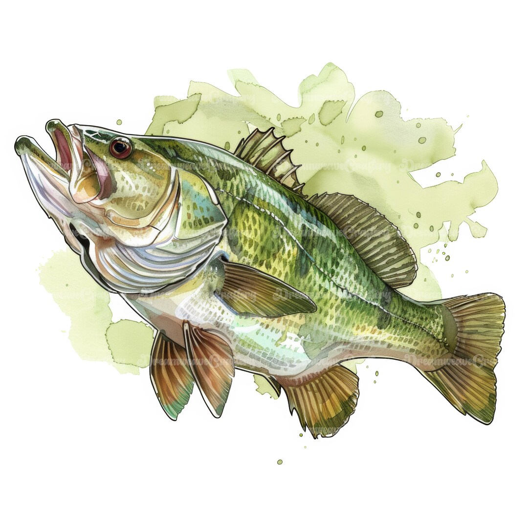 10 Beautiful Cartoon Largemouth Bass Fish Watercolor Art Printable High ...