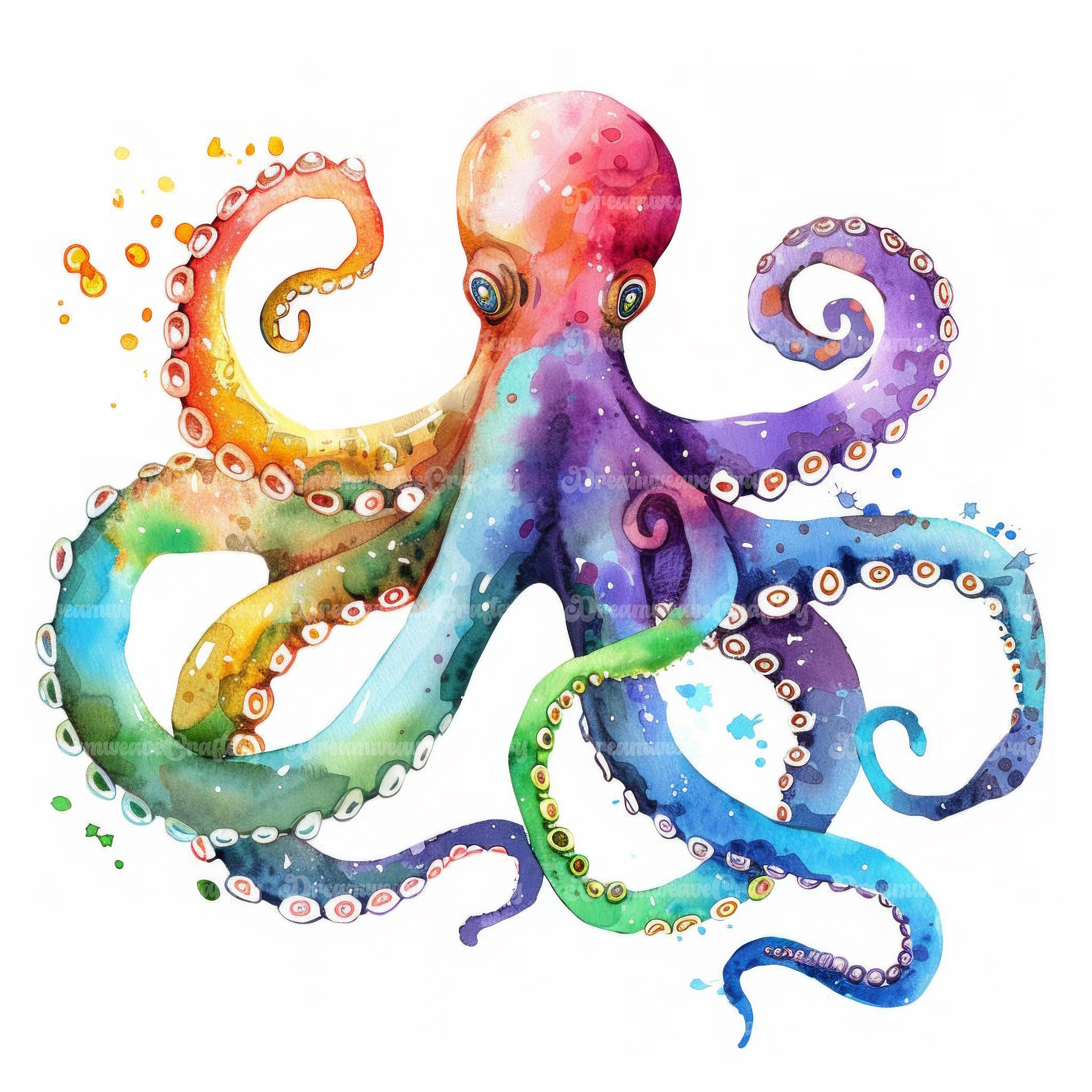 10 Pretty Cartoon Rainbow Octopus Cephalopod Watercolor Art Printable ...